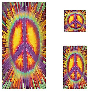 Naanle Trendy Tie-dye Peace Sign Soft Luxury Decorative Set of 3 Towels, 1 Bath Towel+1 Hand Towel+1 Washcloth, Multipurpose for Bathroom, Hotel, Gym, Spa and Beach