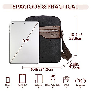 VASCHY Small Messenger Bag, Vintage Leather Canvas Crossbody Shoulder Side Bag for Men Women for Work/Travel Black