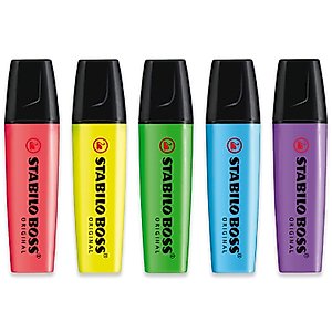 STABILO Highlighter BOSS ORIGINAL - Essential Pack of 5 - Red, Yellow, Light Blue, Light Green & Lavender