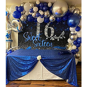 Mocsicka Sweet 16 Birthday Backdrop for Girls Blue and Silver Swwet Sixteen Decoration Happy 16th Birthday Banner Glitter Diamonds Background 16 Birthday Party Supplies (7x5ft (82x60 inch))