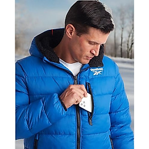 Reebok Men's Winter Jacket - Heavyweight Quilted Puffer Parka Coat - Ski Jacket for Men, Sherpa Lined Hood (S-XL), Size Medium, Vector Blue