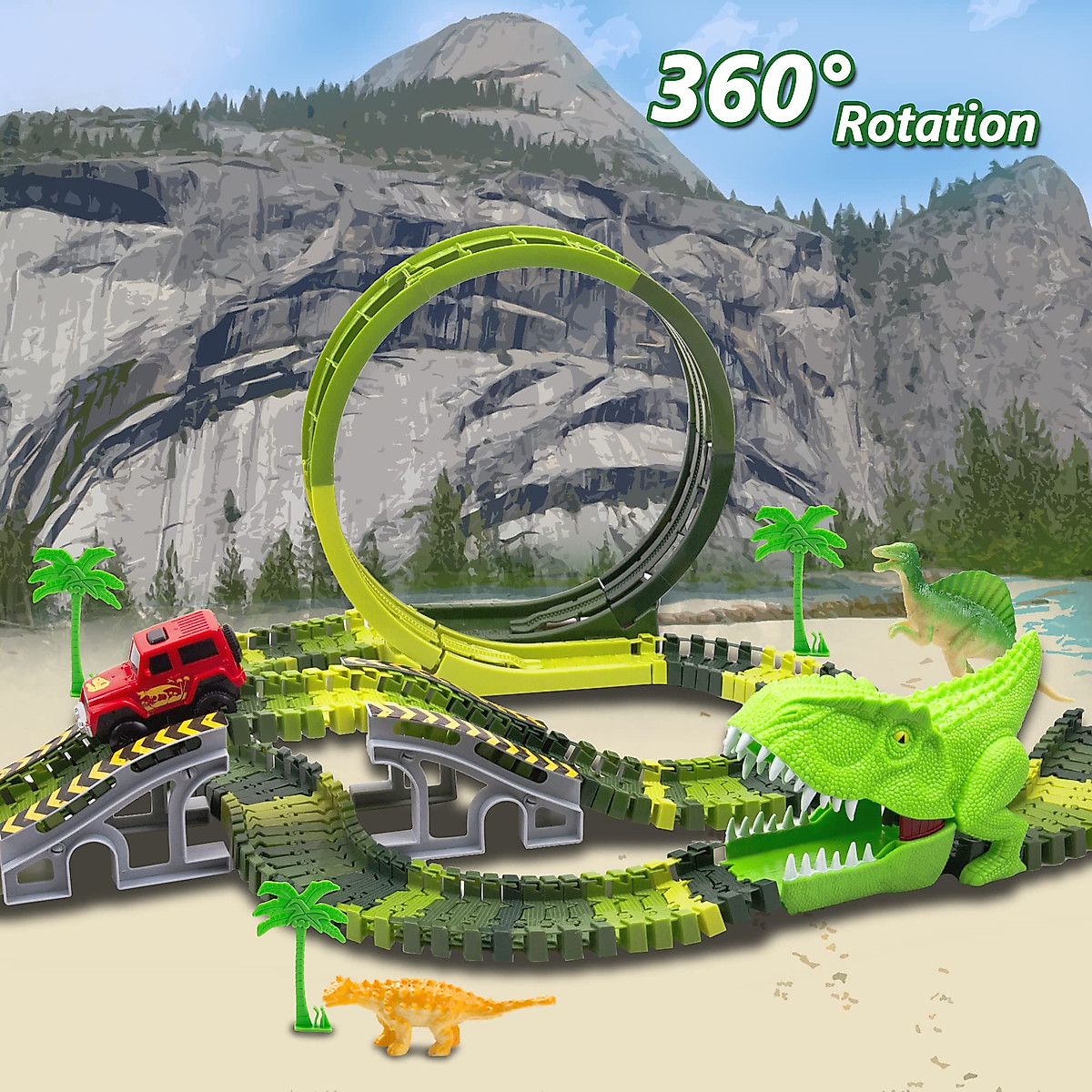 288 Pcs Dinosaur Race Car Tracks Set for Kids,Flexible Train Tracks to Create A Dino World Road with Bridge, 2 Electric Race Cars Best Gift for Toddlers Boys and Girls