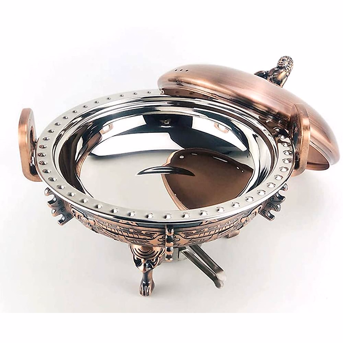 EdirFtra Round Copper hot Pot Set, Stainless Steel Buffet Set, Chinese Style hot Pot, with Food Plate, Aluminum Bracket, Cover and Fuel Bracket, 1L