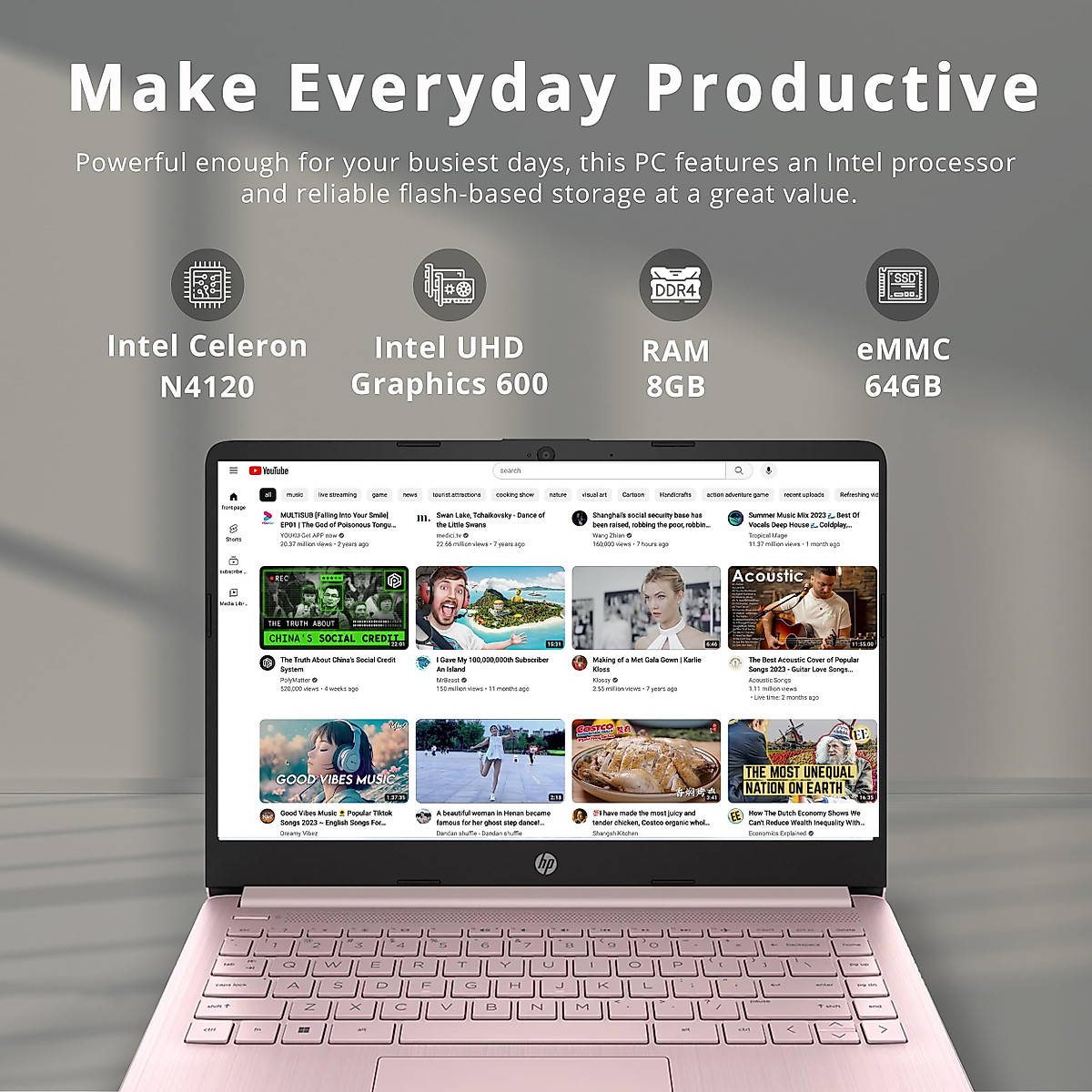 HP Stream 14" HD BrightView Laptop, Intel Celeron N4120 Processor, 8GB RAM, 64GB Storage, Intel HD Graphics, Webcam, 1 Year Office 365, Pink, Windows 11 S, 32GB Hotface USB Card