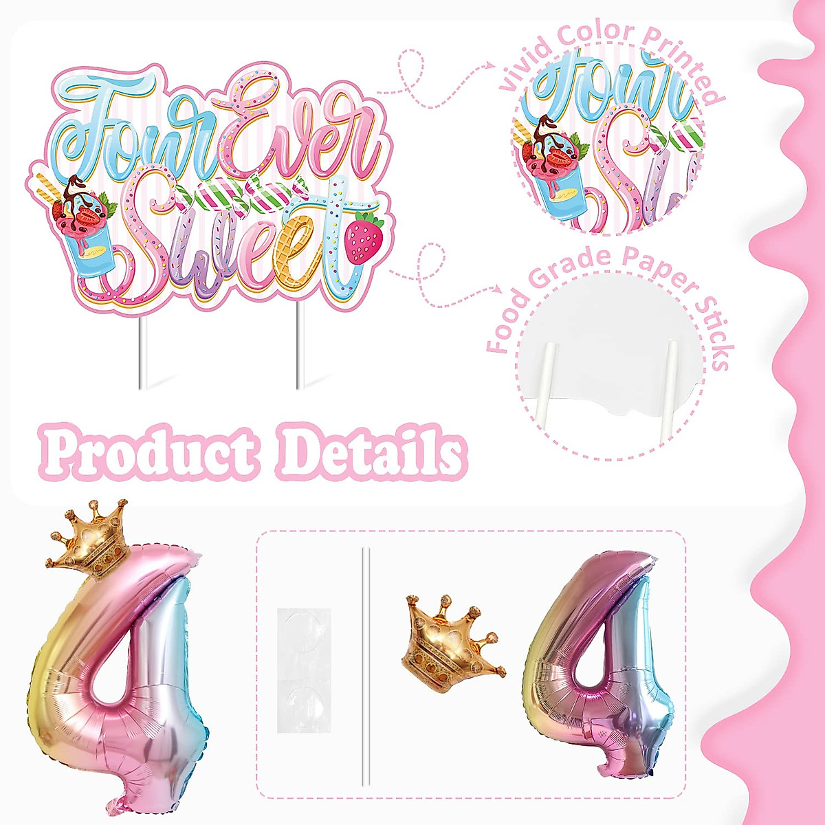 JUYRLE Four Ever Sweet Birthday Decorations Girl, 4th Birthday Decorations Include Ice Cream Donut Banner Cake Toppers Hanging Swirls Latex Foil Balloons, 4 Year Old Birthday Decorations
