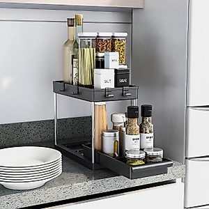 QualiapeX 2-Tier Under Sink Organizer, Kitchen Organization, Cabinet Storage Drawer Organizer with Hooks, Dividers, Handles, Bathroom Organizer, Easy-Grip & Hold-Out Sliding Drawer (Black 1 Pack)