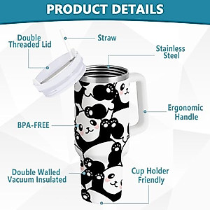 MCHIVER Cute Panda 30 oz Tumbler with Handle and Straw Stainless Steel Vacuum Water Bottle Leak-proof Travel Coffee Mug Insulated Tumbler for Home Office Car