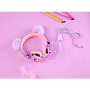 Beluky--Tech Kids Headphones Girls Glitter Bear Ear Volume Limiting Adjustable Cute Anime Wired Headphones for Girls Boys School (Purple-Bear Ear)
