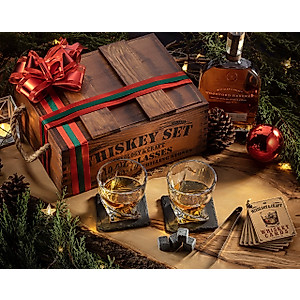 Mixology Whiskey Gift Set, Whiskey Glass Set with Rustic Wooden Crate, 8 Granite Whiskey Rocks Chilling Stones, 10oz Whiskey Glasses, Gift for Men, Dad, Husband, Boyfriend - Jameson Brown