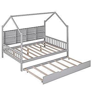 YOPTO Full Size House Bed with Trundle,Pine Wood Playhouse Bed Frame W/Storage Shelf,Front and Rear Guardrails,No Box Spring Needed,Easy Assembly,for Kids,Boys,Girls