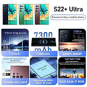 New S22 Ultra Smartphone 5G 7.3inch Full Screen 5G 16GB RAM 1TB ROM 7300Mah Mobile Phones Global Version 100MP HD Triple Camera Multi Language Support,Green-1TB