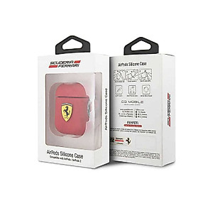 Ferrari AirPods Case Cover in Red On Track with Ring Slot, Compatible with Apple AirPods 1 and AirPods 2, Silicone Protective Hard Case, Shockproof, Wireless Charging, and Signature Metal Logo