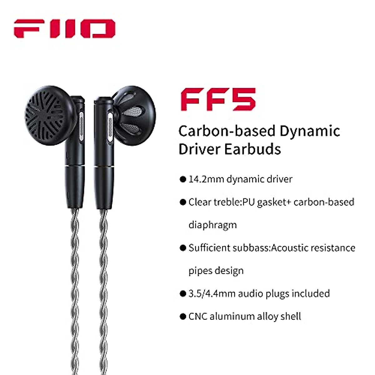 FiiO FF5 Carbon-Based Dynamic Driver in-Ear Earphone Clear Sound & Wide Soundstage with 3.5mm/4.4mm MMCX Cable, Alumium Shell