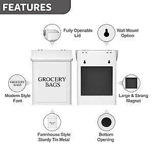 Calindiana Modern Farmhouse Metal Magnetic Grocery Bags Holder for Plastic Bags with LId and Kitchen Organizer and Storage Wall Mount Grocery Bag Dispenser Space Saving, White