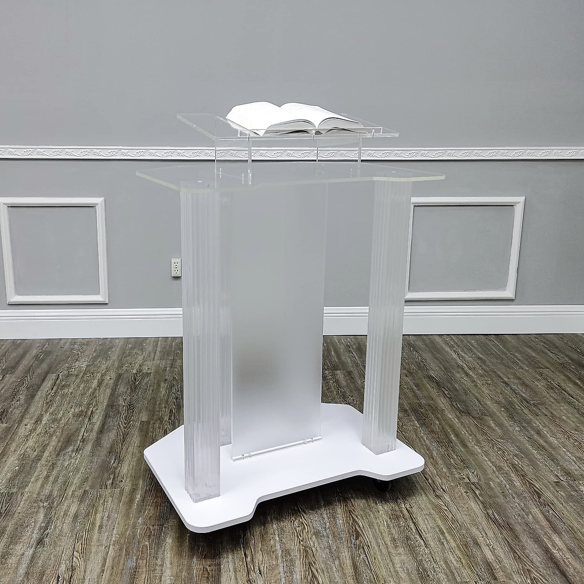 FixtureDisplays® Acrylic Podium Wood Pulpit Large Lecterm for Church School Conference Plexiglass Events Hotel Party Rally 10014-NPF