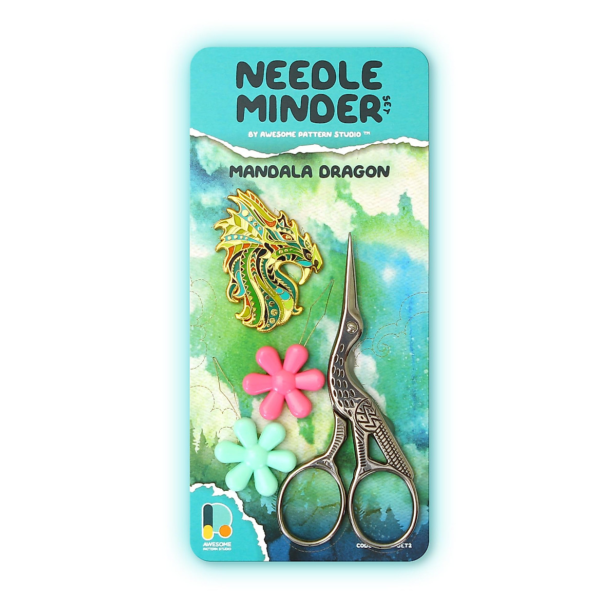 Awesome Pattern Studio Needle Minder Set - Mandala Dragon Magnetic Needle Minder + 2 Needle Threaders + Crane Scissors. Enamel Pin for Cross Stitch, Embroidery and Craft