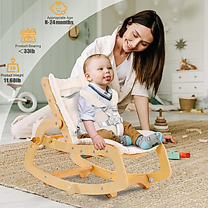 MallBest 3-in-1 Baby Bouncer Adjustable Wooden Rocker Chair Recliner with Removable Cushion and Seat Belt for Infant to Toddler (Beige)