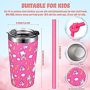 Shellwei 2 Pack Kids Cups with Lids and Straws Toddler Smoothie Cup with Rainbow Unicorn Pattern Leak Proof Spill Proof Straw Cups for Girls Stainless Steel Insulated Tumbler for Hot Drink (12 oz)