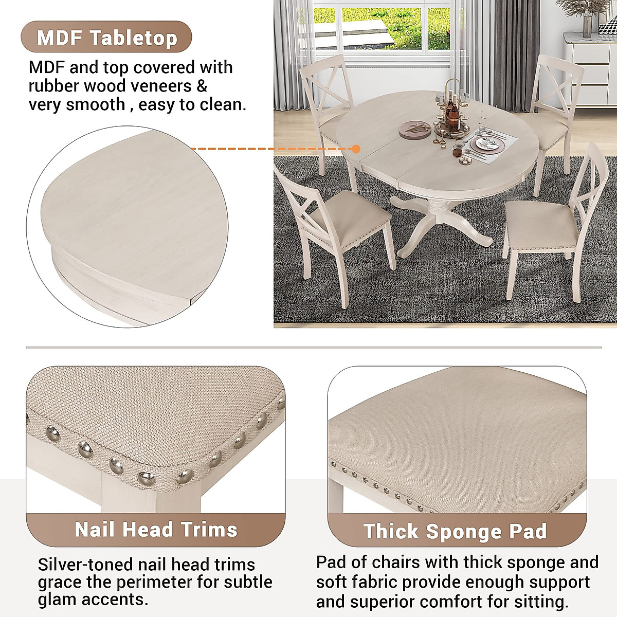 Melpomene 5-Piece Modern Dining Table Set, Extendable Dining Table Set for 4, Wood Round Dining Table Set with 4 Chairs,Antique White