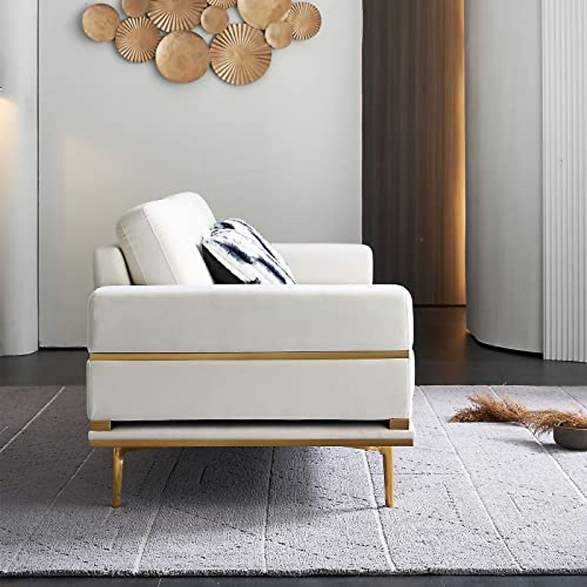 Neylory Modern Velvet Sofa Couch for Living Room,83 Inches Big Comfy Couch Upholstered 3 Seater Sofa with 2 Pillows Square Arm and Metal Legs Decor Furniture for Bedroom,Office(Beige)