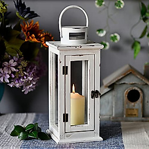 Rustic White Lantern Candle Holder 15In Tall, Hanging Farmhouse Wood Decorative Outdoor Lanterns for Wedding Decor, Hurricane Glass LED Fireplace Table Centerpiece Christmas, Style 1,