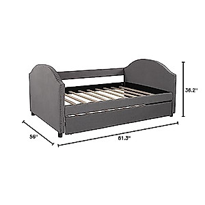 HSBD Full Size Daybed with Trundle, Modern Upholstered Day Bed Linen Fabric Sofa Daybed Frame with A Roll-Out Trundle, No Box Spring Needed, Furniture for Bedroom Living Room Guest Room