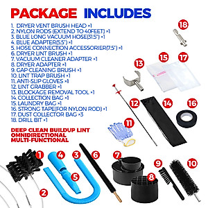 Holikme 40feet Dryer Vent Cleaner Kit Dryer Cleaning Tool Include Dryer Vent Brush, Omnidirectional Blue Dryer Lint Vacuum Attachment Dryer Lint Trap Brush, Vacuum & Dryer Adapters