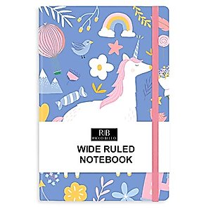 RICCO BELLO Wide Ruled Hardcover Diary Journal Notebook for Kids, Tweens - Bookmark, 5.7 x 8.4 Inches,192 Pages, (Blue Unicorn)