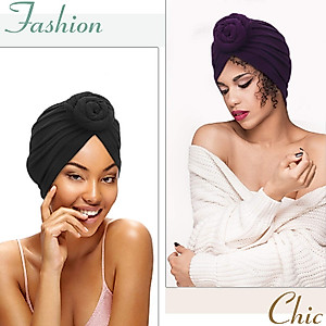 SATINIOR 6 Pieces Women African Turban Flower Knot Pre-Tied Bonnet Beanie Cap Headwrap (Black, Royal-blue, Gray, Camel, Purple, Green)