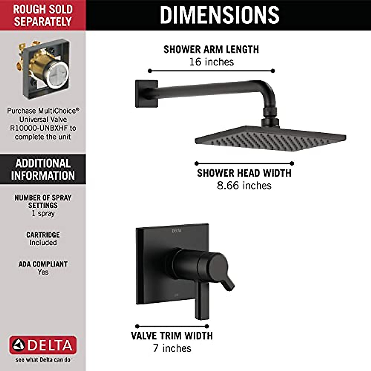 Delta Faucet Pivotal TempAssure Matte Black Shower Faucet with Matte Black Rain Shower Head, Rainfall Shower Head, Matte Black Shower System, Matte Black T17T299-BL (Valve Not Included)