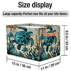 KOBLEN Sea Ocean Turtle Storage Basket Collapsible Storage Bins Large Fabric Organizer Storage Cubes Foldabe Storage Box with Handle for Shelf Home Closet Organziers