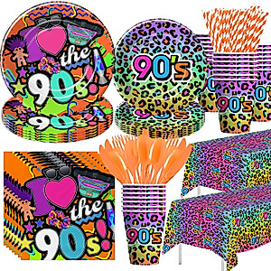 HIPVVILD 90's Party Decorations Tableware - 90s Theme Birthday Party Supplies Include Paper Plate, Cups, Napkins, Tablecloth, Cutlery, Straw, 90s Theme Birthday Party Decorations Dinnerware | Serve 24