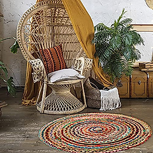 Chardin home Braided Boho Round Rug Natural Jute & Rainbow Rags | 3 feet Round Farmhouse Jute & Cotton Rag Area Rug | Artisanal Bohemian Handcrafted Home Décor | Multi