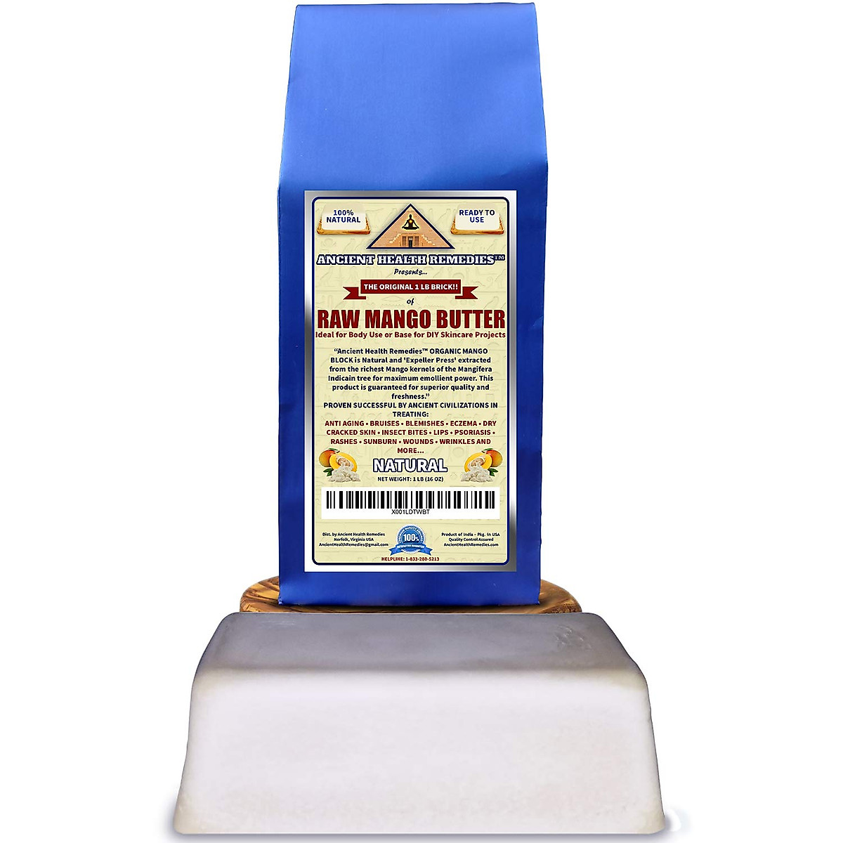 Ancient Health Remedies Organic Unrefined Raw MANGO BUTTER 1 LB (16 oz) BLOCK Bulk, Light Mango Aroma, Non-Greasy Base for Beauty, Skin Moisturizing, DIY Base for Body Butters & Hand Cream (INDIA)