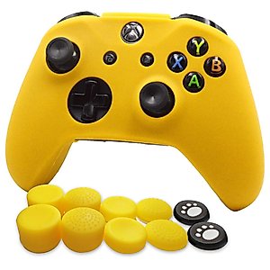 FOTTCZ Anti-Slip Soft Silicone Cover Skin Set for Microsoft Xbox One Controller which 1pcs Yellow Controller Skin + 8pcs Thumb Grip Caps