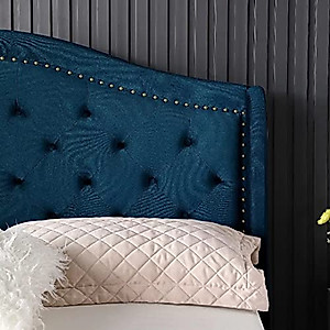 Morden Fort Blue Velvet Bed Frame Wood Platform, Upholstered Platform Bed with 51” Headboard, Heavy Duty Bed Frame with Wood Slat Support, No Box Spring Required, Easy Assembly, California King