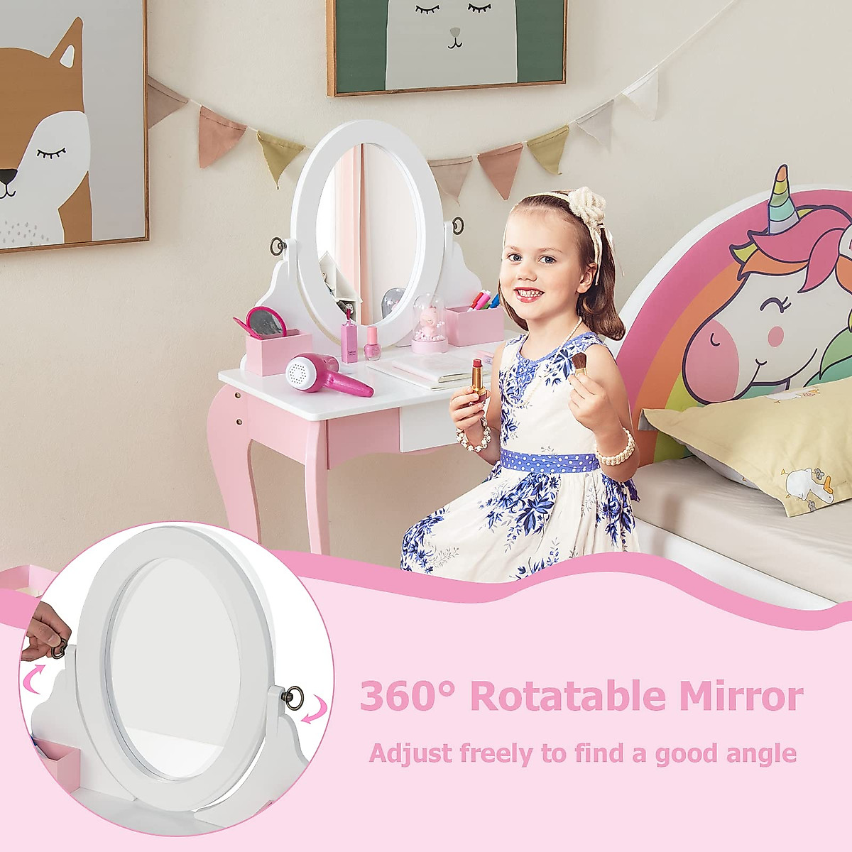 INFANS Kids Vanity with 360° Rotating Mirror and Drawing Board, 2 in 1 Princess Makeup Dressing Table and Stool with Accessories, Drawers, Wooden Play Vanity Set for Little Girls