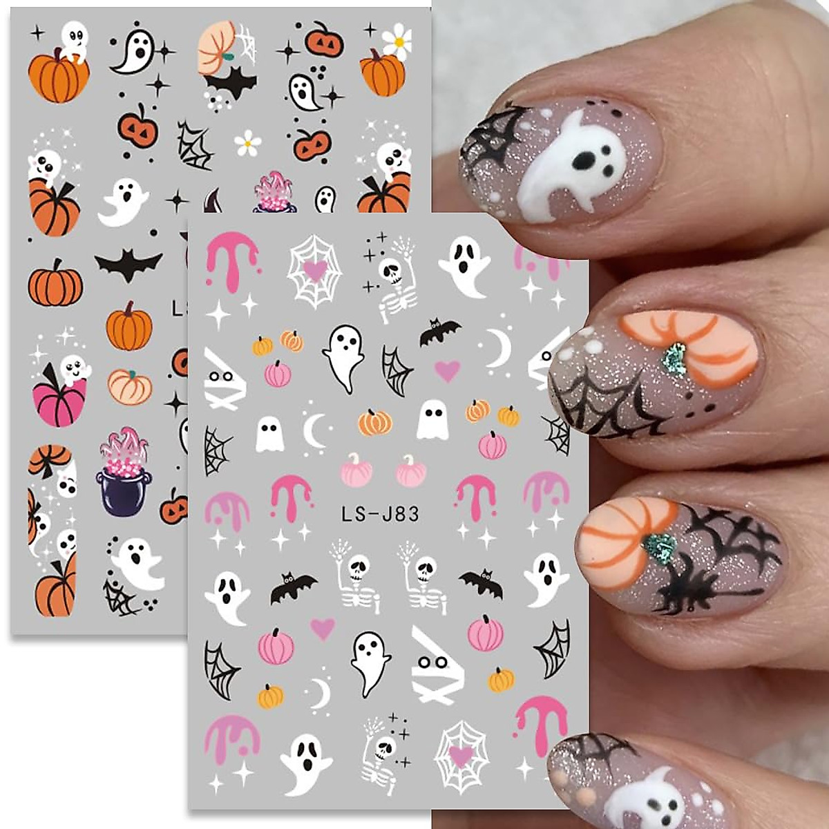 JMEOWIO 9 Sheets Halloween Nail Art Stickers Decals Self-Adhesive Pegatinas Uñas Horror Ghost Witchy Spider Web Bat Cat Pumpkin Spook Nail Supplies Nail Art Design Decoration Accessories