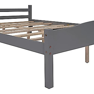 STP-Y Full Size Platform Bed, Rockjame Wood Bed Frame with Horizontal Strip Hollow Shape Headboard, Footboard and Center Support Feet, Perfect for Kids, Teens and Adults (Gray)