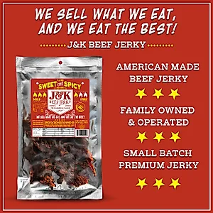 J&K Jerky Sweet and Spicy Beef Jerky - Hand Crafted Small Batch American Made Slab Beef Jerky - Bold & Flavorful Snack! - 7oz Big Bag of Jerky