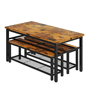 AWQM 43.3" Dining Table Set for 4, Kitchen Dining Table with 2 Benches, Dining Room Table Set with Metal Frame & Storage Rack for Kitchen, Restaurant, Rustic Brown