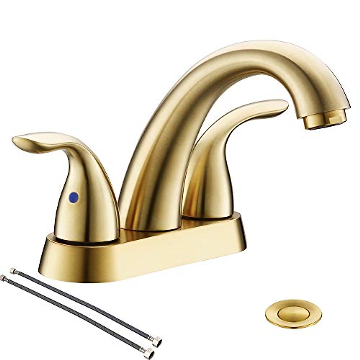 Phiestina Brushed Gold 4 Inch Centerset 2 or 3 Holes 2 Handle Bathroom Faucet, Bathroom Faucet with Copper Pop Up Drain and Water Supply Lines, BF008-5-BG