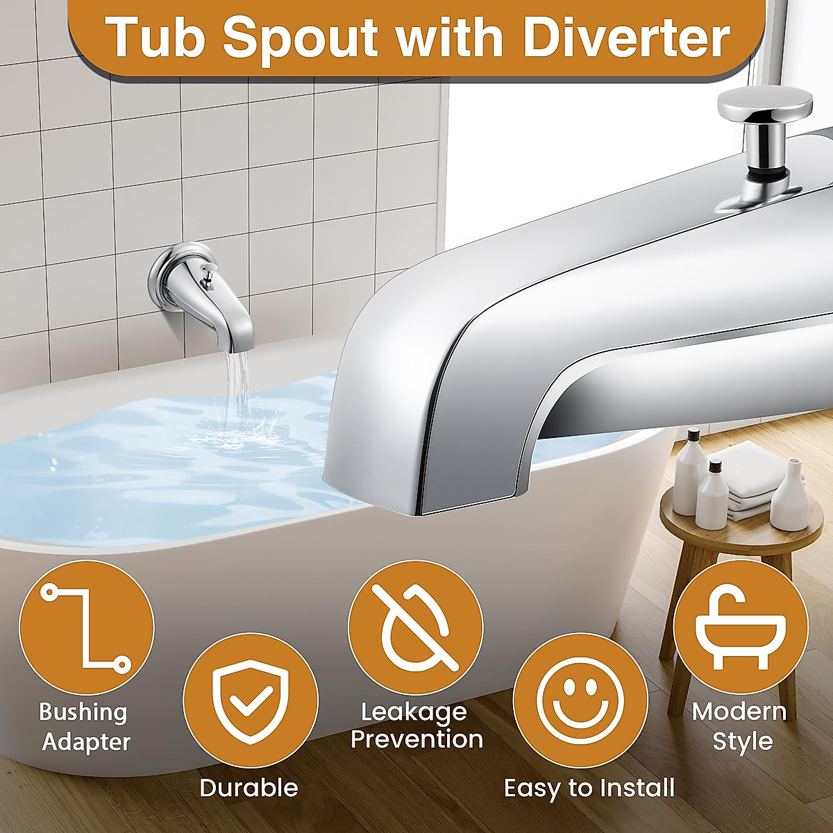 Enhon Tub Spout with Rear Diverter, Bathtub Spout Fitting 1/2-Inch or 3/4-Inch IPS, 5-1/4 Inch Length Bathroom Bathtub Faucet with Adapter, Chrome Finish