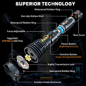 Rechargeable Flashlights 990000 High Lumens,XHP160.6 Super Bright LED Flashlight,Tactical Powerful Waterproof Handheld Flashlights with Zoomable 6 Modes for Emergencies Camping