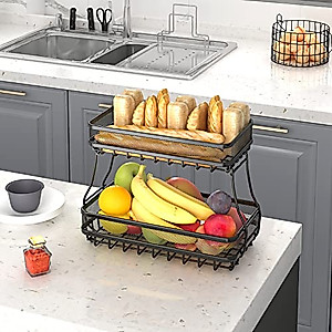 CHLORYARD 2 Tier Fruit Basket Countertop for Kitchen, Vegetable Bread Basket Fruit Bowl Storage Stand Detachable Metal Rectangular Wire Basket 14-Inch Antique Black