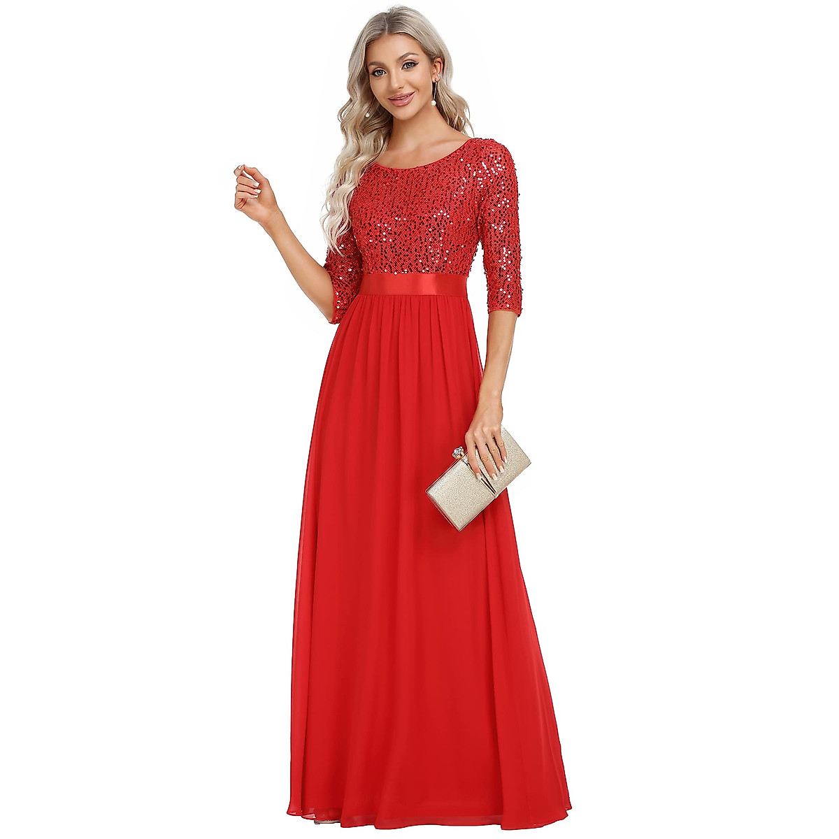 Ever-Pretty Women's Elegant A Line Crew Neck Half Sleeve Sequin Maxi Evening Dress Red US24