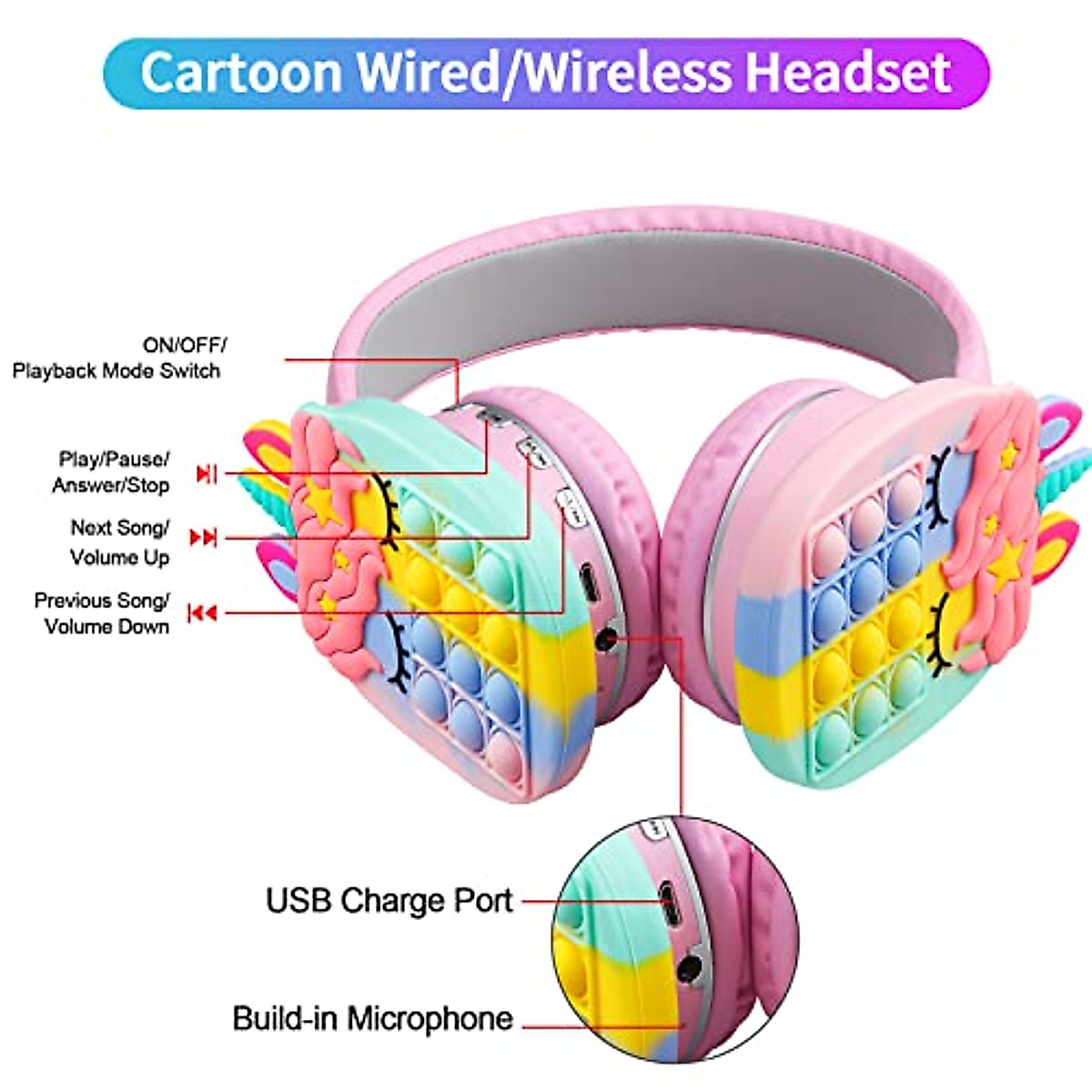 WESADN Bluetooth Headphones Wireless for Girls Women Men Fidget Bubbles Cute Wireless Gaming Headset Over Ear Build in Microphone for Smartphone Tablet PC, Pink