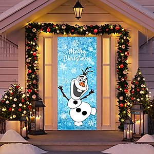 Christmas Snowman Door Cover Christmas Door Decorations Snowman Olaf Door Cover Christmas Winter Snowflakes Backdrop Door Cover for Front Door Outdoor Indoor Home Christmas Decor
