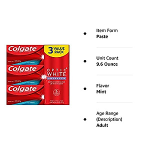 Colgate Optic White Advanced Hydrogen Peroxide Toothpaste Pack, Teeth Whitening Toothpaste, Enamel-Safe Hydrogen Peroxide Formula, Helps Remove Tea, Coffee, and Wine Stains, Icy Fresh, 3 Pack, 3.2 oz