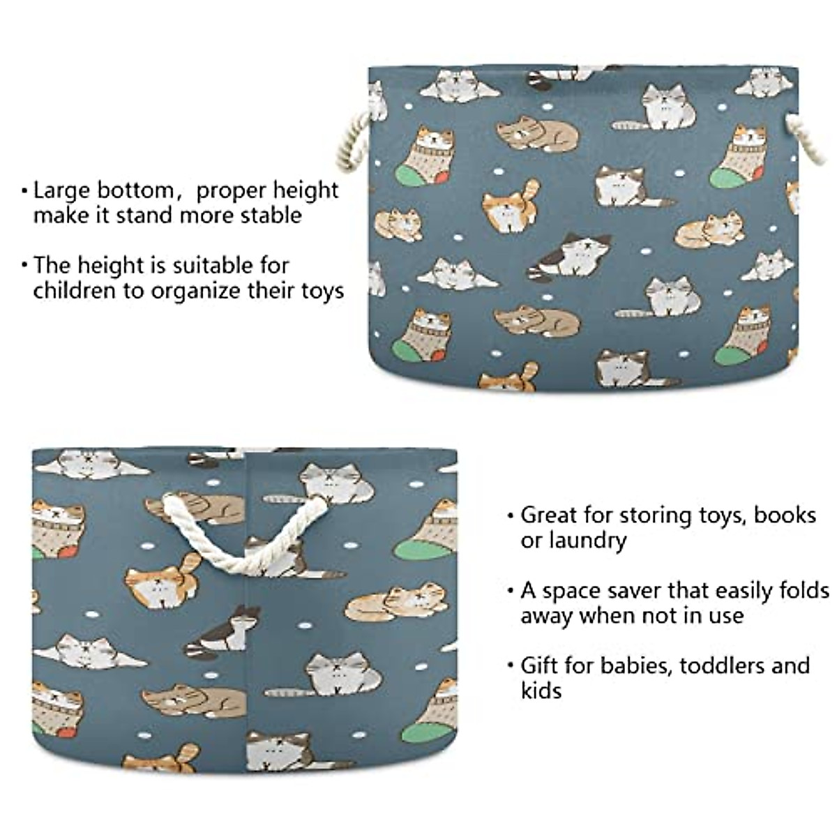 Kigai Cotton Rope Basket Cartoon Cat Collapsible Baby Laundry Basket with handles Blanket Basket Kids Toy Storage Basket for Shelf Organizer Home Decor